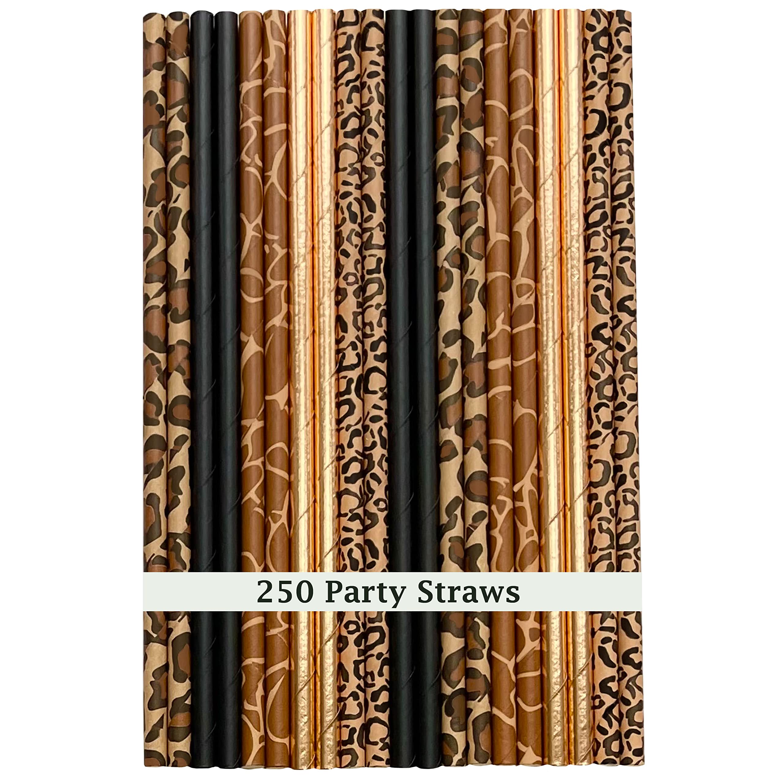 Bulk Animal Print Paper Straw Pack - Brown Black - Jungle Safari Theme - Leopard Giraffe Cheetah - 250 Pack Outside the Box Papers Brand