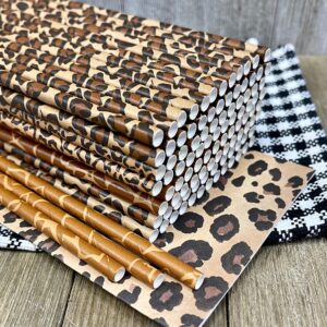 Bulk Animal Print Paper Straw Pack - Brown Black - Jungle Safari Theme - Leopard Giraffe Cheetah - 250 Pack Outside the Box Papers Brand