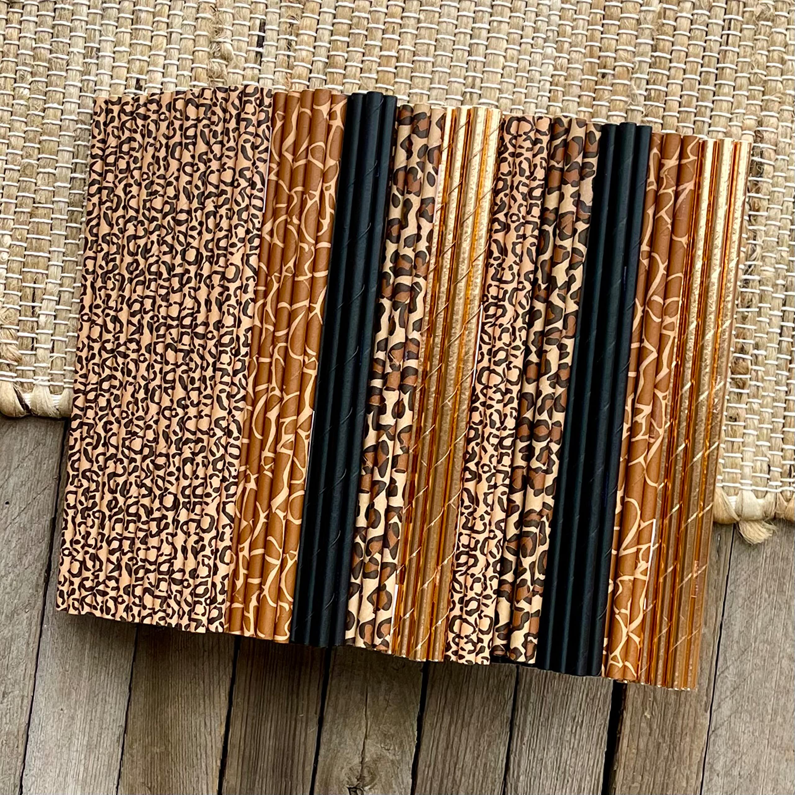 Bulk Animal Print Paper Straw Pack - Brown Black - Jungle Safari Theme - Leopard Giraffe Cheetah - 250 Pack Outside the Box Papers Brand