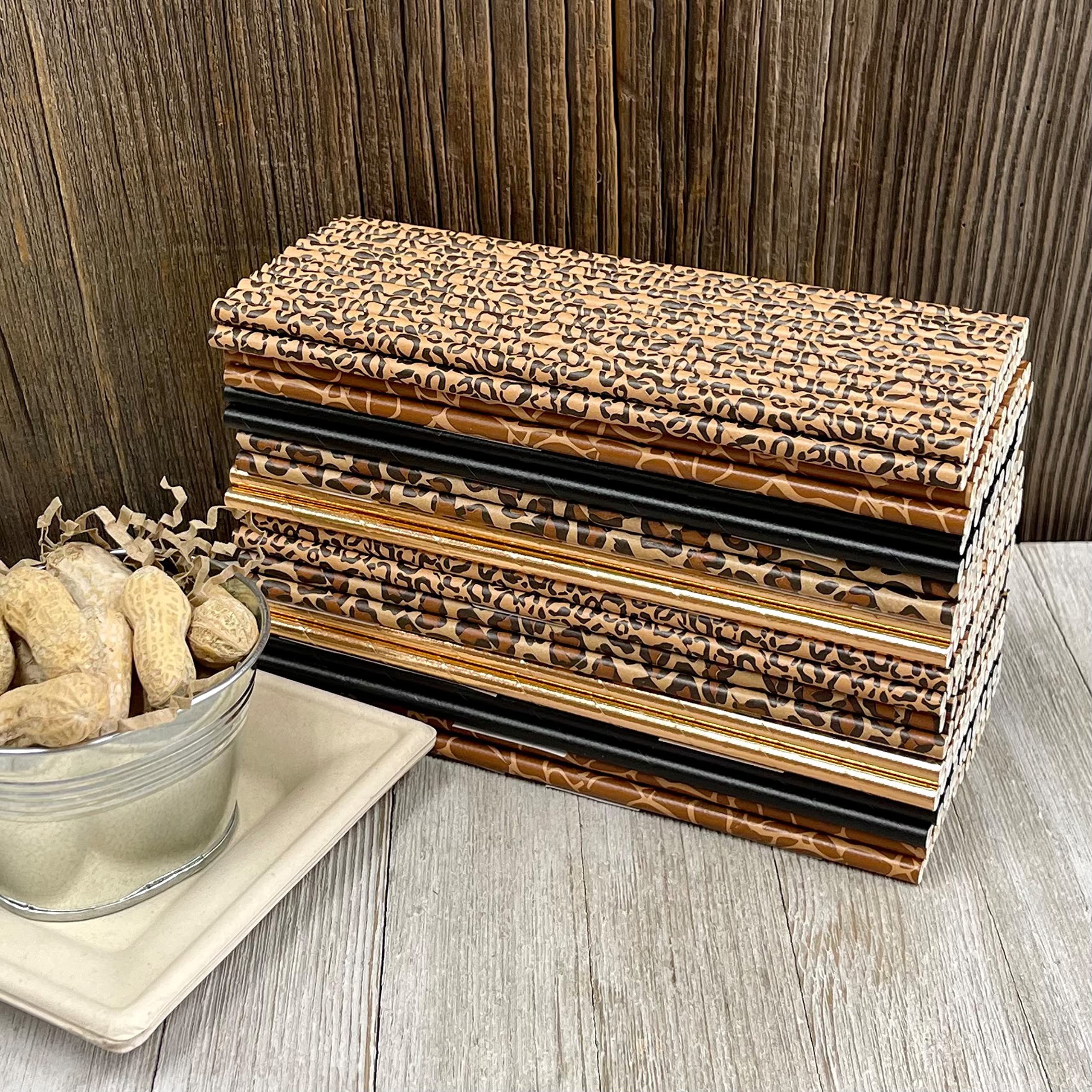 Bulk Animal Print Paper Straw Pack - Brown Black - Jungle Safari Theme - Leopard Giraffe Cheetah - 250 Pack Outside the Box Papers Brand