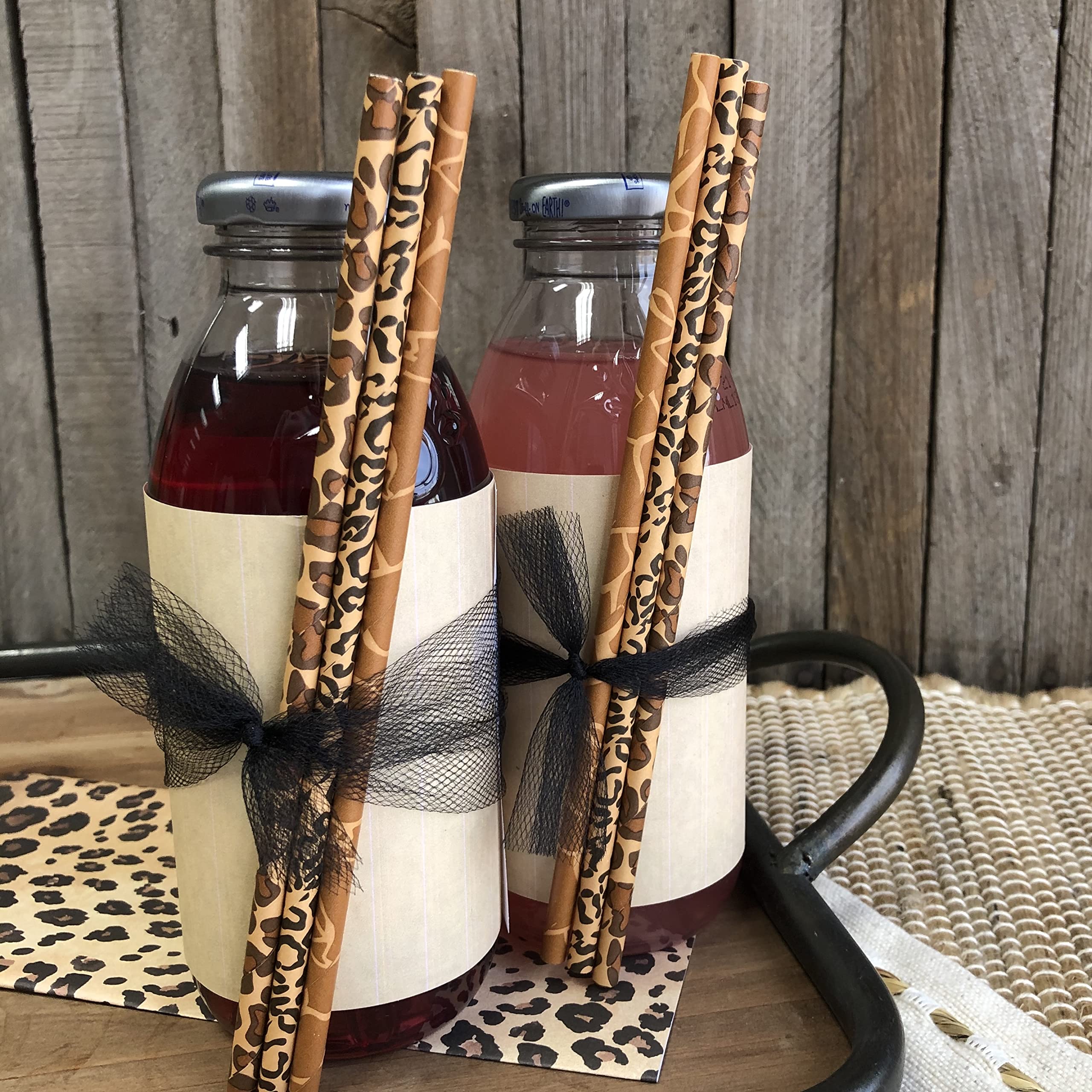 Bulk Animal Print Paper Straw Pack - Brown Black - Jungle Safari Theme - Leopard Giraffe Cheetah - 250 Pack Outside the Box Papers Brand