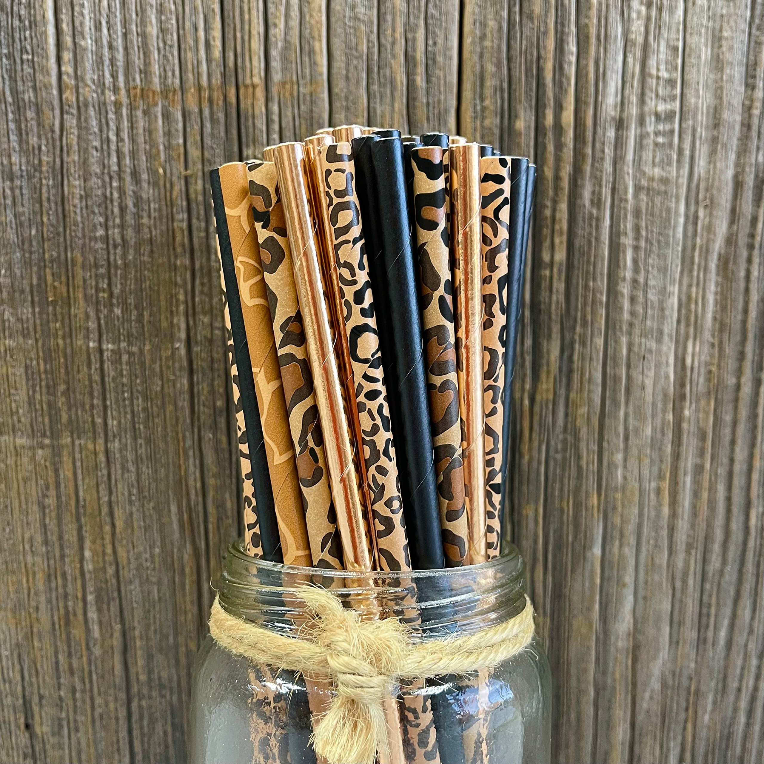 Bulk Animal Print Paper Straw Pack - Brown Black - Jungle Safari Theme - Leopard Giraffe Cheetah - 250 Pack Outside the Box Papers Brand