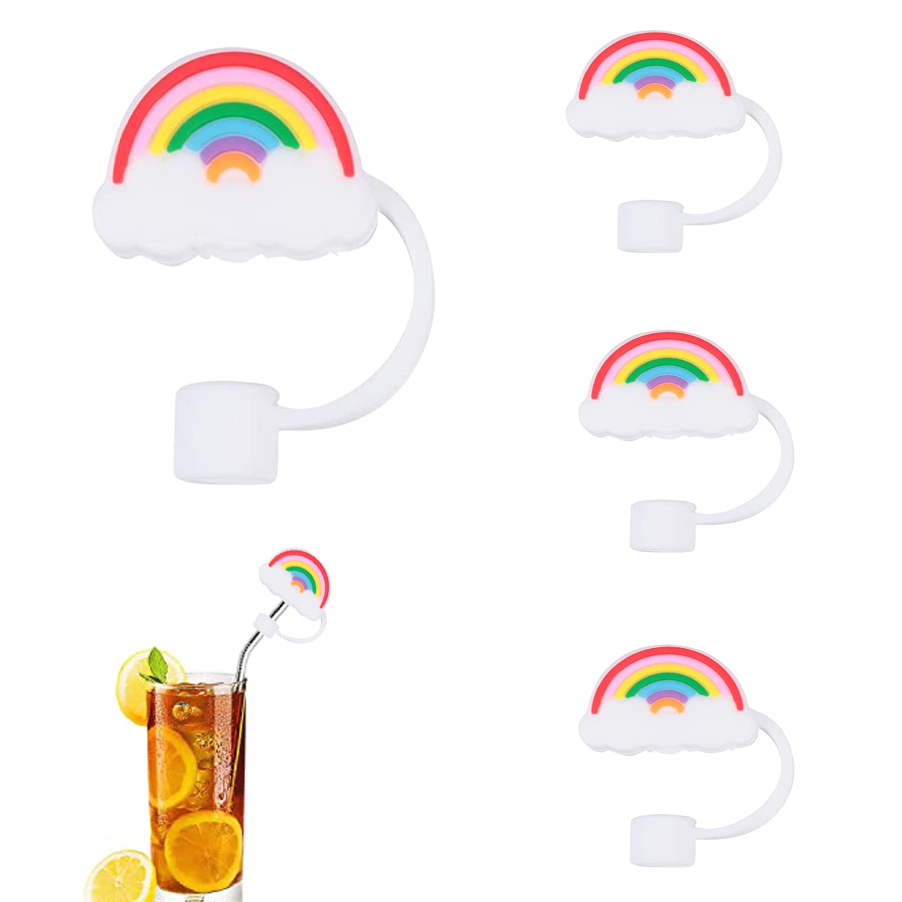 Silicone Straw Tips Cover 4Pcs Rainbow Drinking Straw Caps Reusable Straw Tips Lids for Straws Anti-dust Airtight Seal Splash Proof Straws Tips Cover