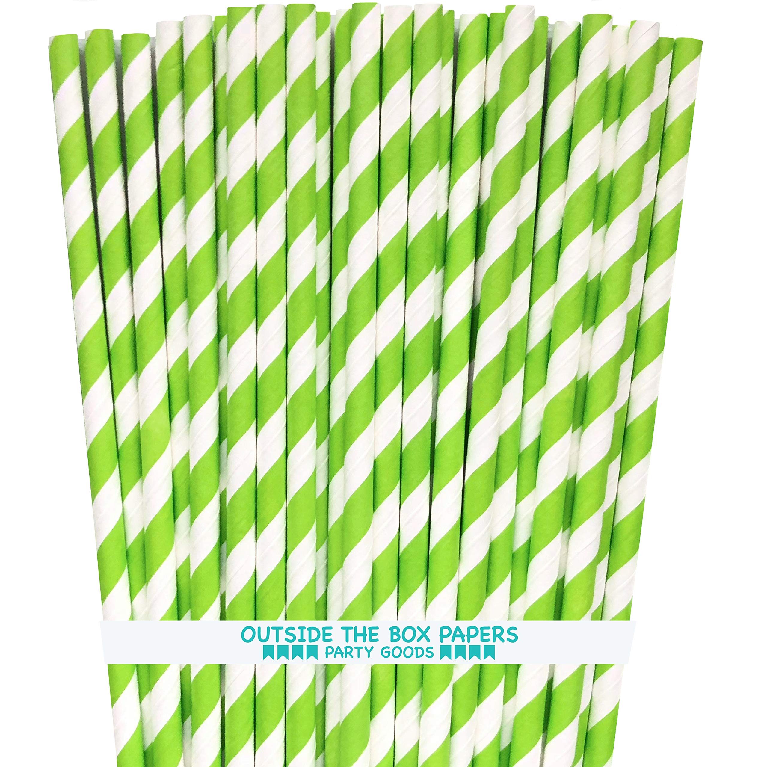 Stripe Paper Straws - Lime Green White - 7.75 Inches - Pack of 100 - Outside the Box Papers Brand