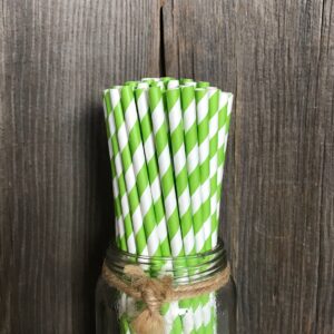 Stripe Paper Straws - Lime Green White - 7.75 Inches - Pack of 100 - Outside the Box Papers Brand