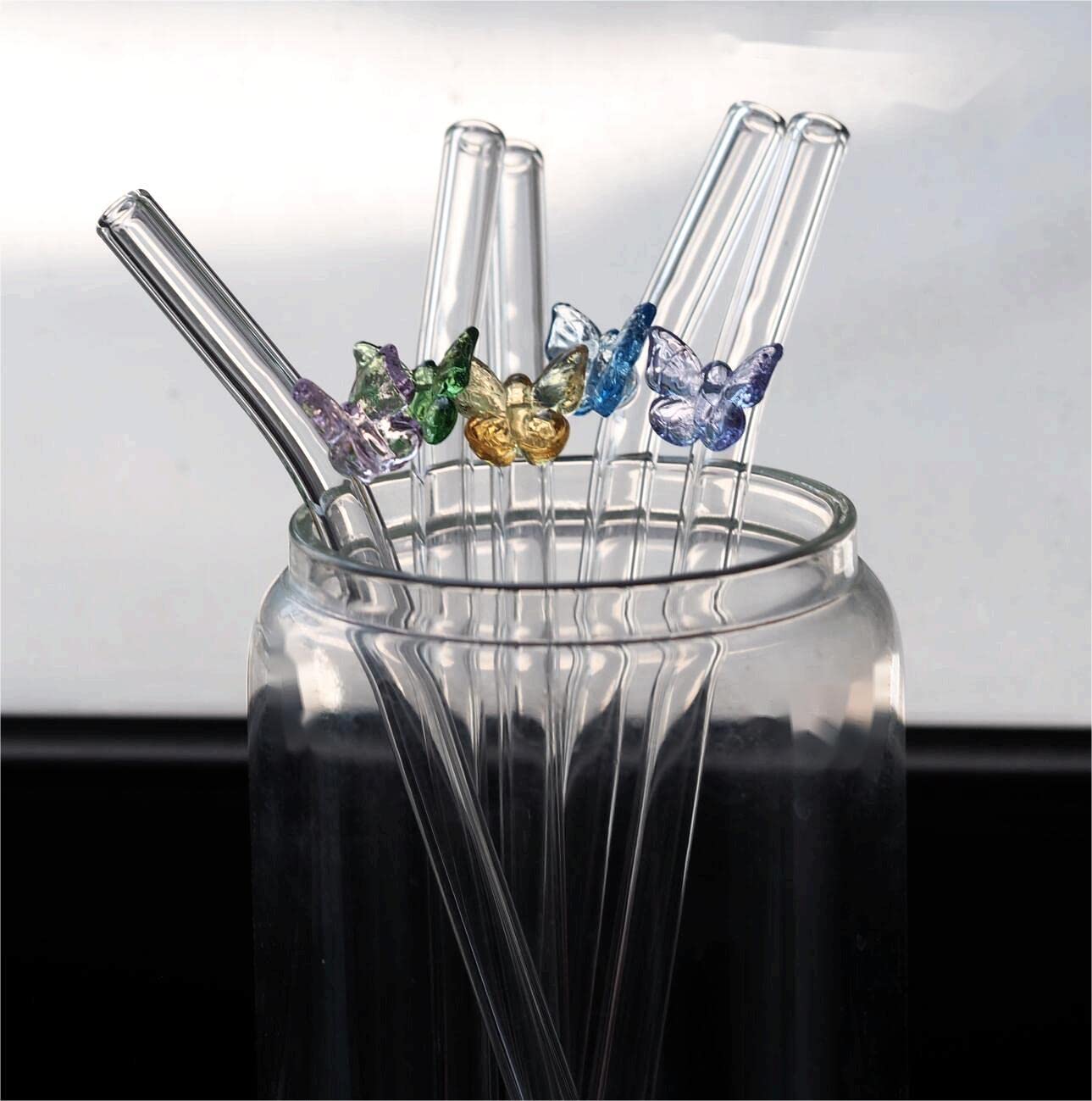 5pcs Butterfly Glass Straws Reusable Bent Drinking Straw 3D Butterfly on Clear Straws for Juices,Milk,Cocktails