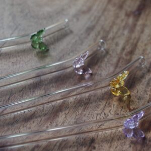 5pcs Butterfly Glass Straws Reusable Bent Drinking Straw 3D Butterfly on Clear Straws for Juices,Milk,Cocktails