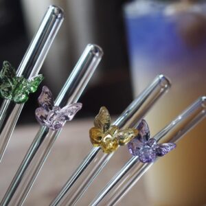 5pcs Butterfly Glass Straws Reusable Bent Drinking Straw 3D Butterfly on Clear Straws for Juices,Milk,Cocktails