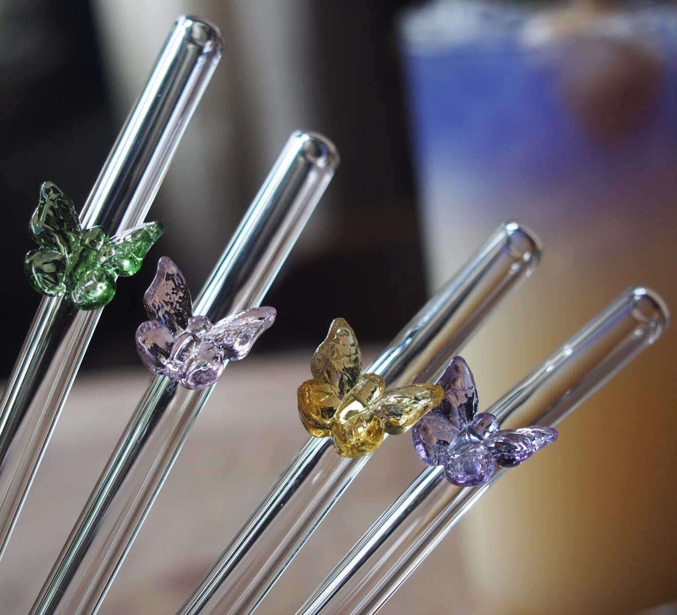 5pcs Butterfly Glass Straws Reusable Bent Drinking Straw 3D Butterfly on Clear Straws for Juices,Milk,Cocktails