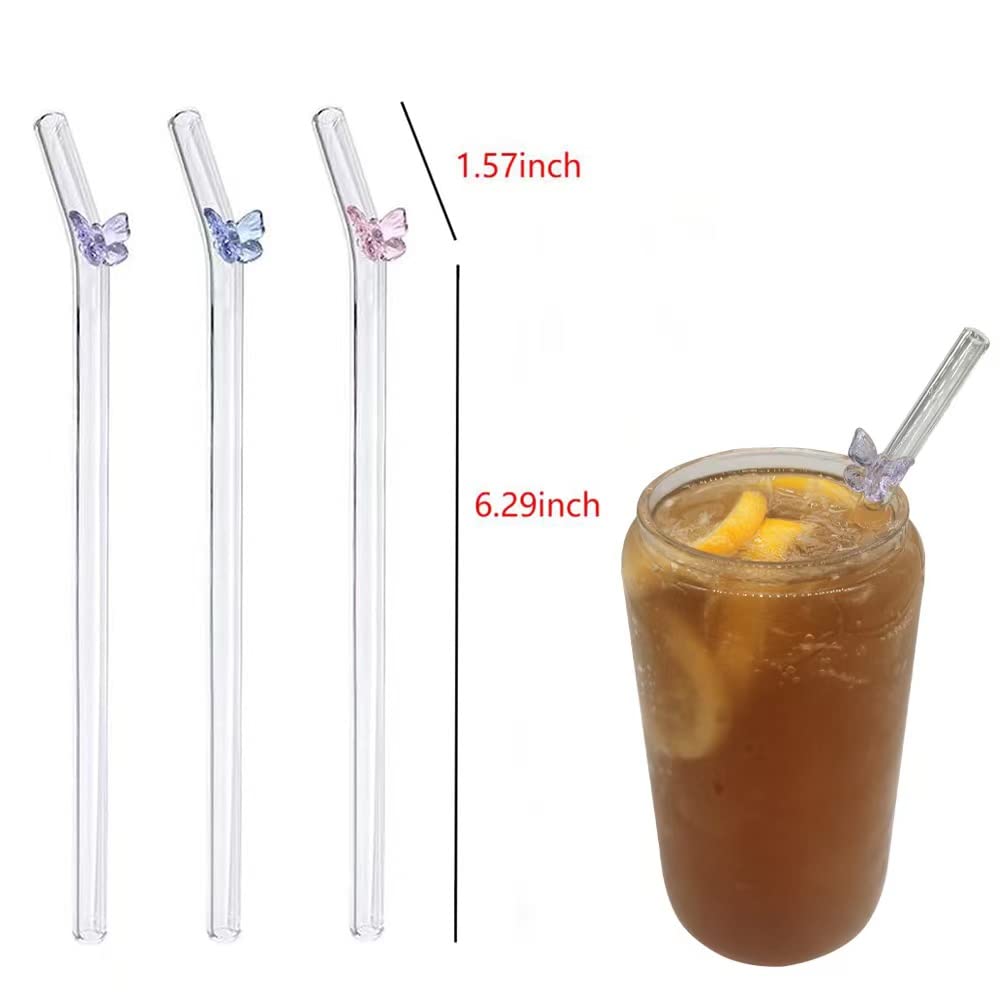 5pcs Butterfly Glass Straws Reusable Bent Drinking Straw 3D Butterfly on Clear Straws for Juices,Milk,Cocktails