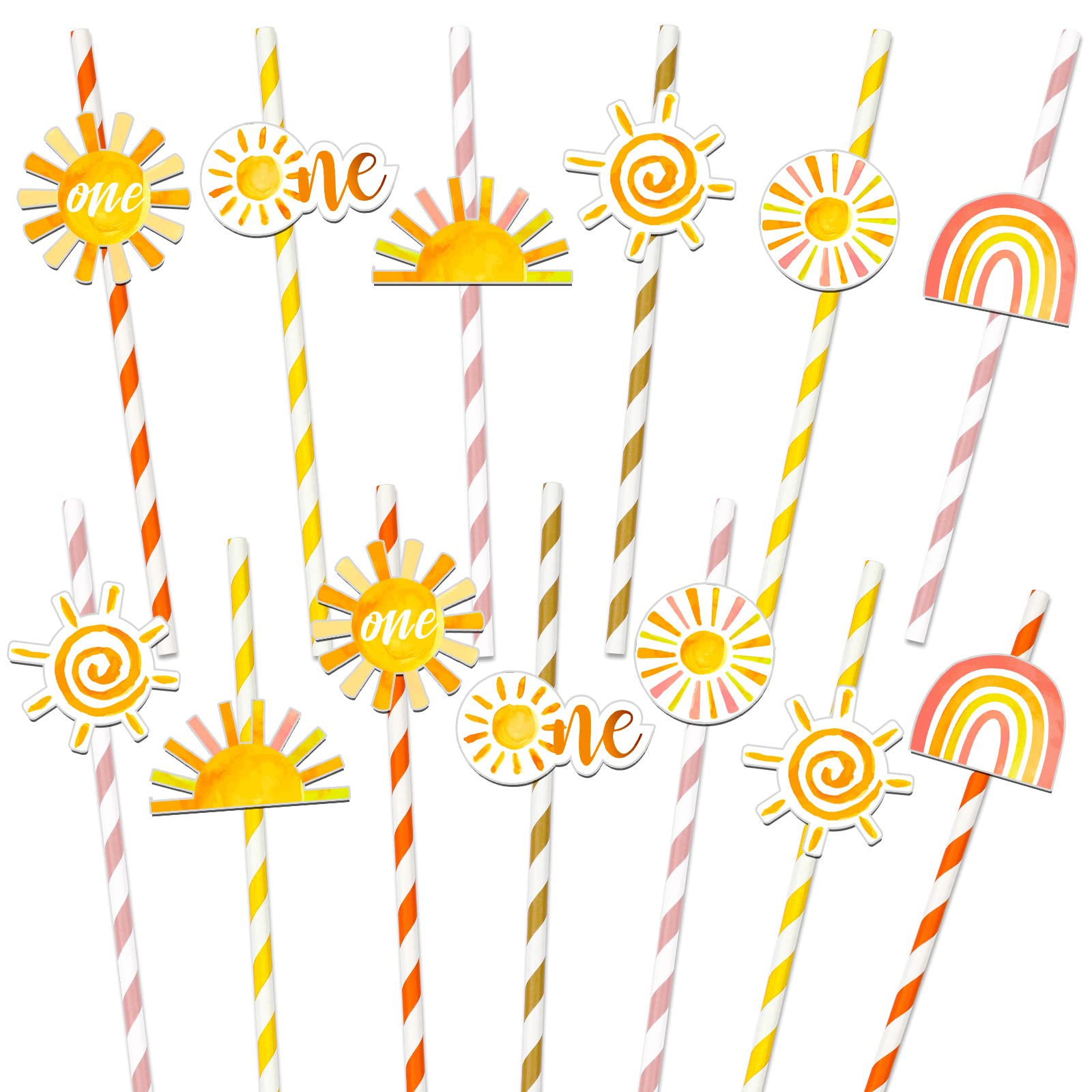 Perkoop 60 Sets First Trip Around the Sun Birthday Party Paper Straws Sun Themed Stripes Straws Rainbow Drinking Straws for Sun 1st Birthday Theme Party Baby Shower Favors Decorations