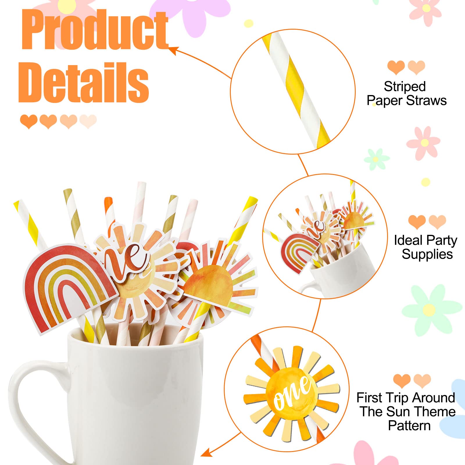 Perkoop 60 Sets First Trip Around the Sun Birthday Party Paper Straws Sun Themed Stripes Straws Rainbow Drinking Straws for Sun 1st Birthday Theme Party Baby Shower Favors Decorations