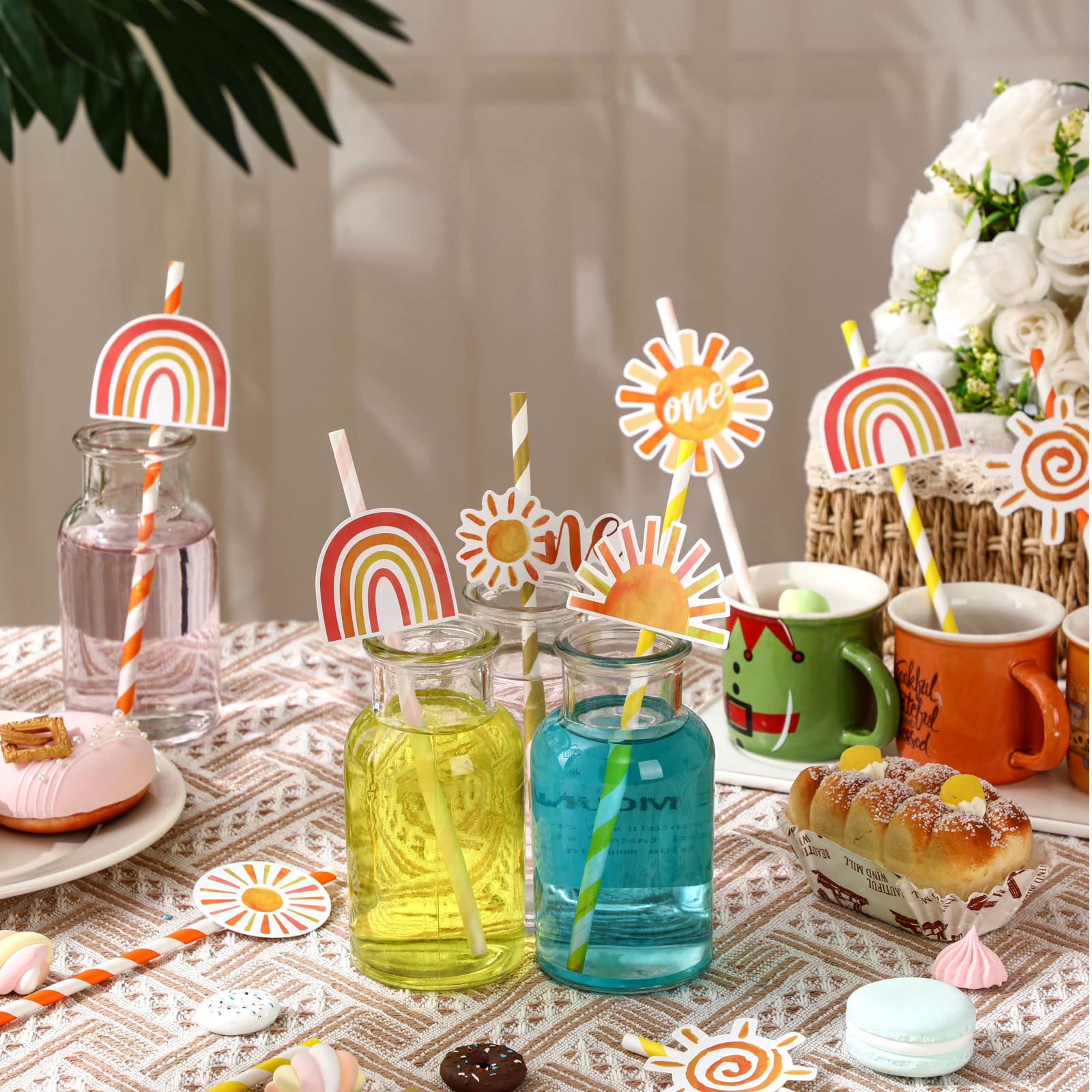 Perkoop 60 Sets First Trip Around the Sun Birthday Party Paper Straws Sun Themed Stripes Straws Rainbow Drinking Straws for Sun 1st Birthday Theme Party Baby Shower Favors Decorations