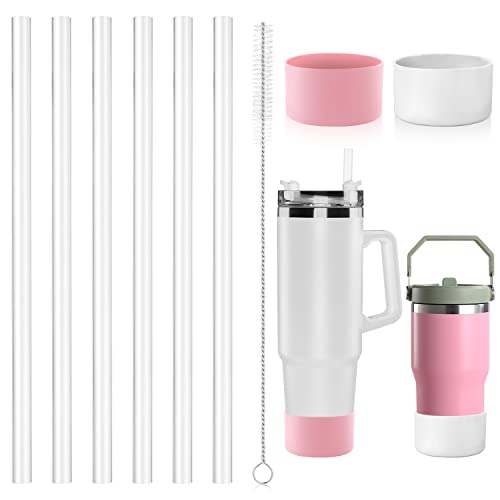 6pcs Replacement Straws for Stanley Water Bottles, Reusable Clear Plastic Straws for Stanely Cup with 2 Silicone Bumper Boots and a Cleaning Brush, Compatible with Stanely 14/20/30/40 oz Cup