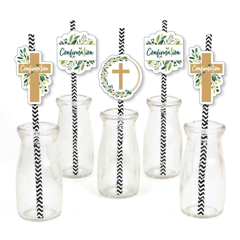 Confirmation Elegant Cross - Paper Straw Decor - Religious Party Striped Decorative Straws - Set of 24