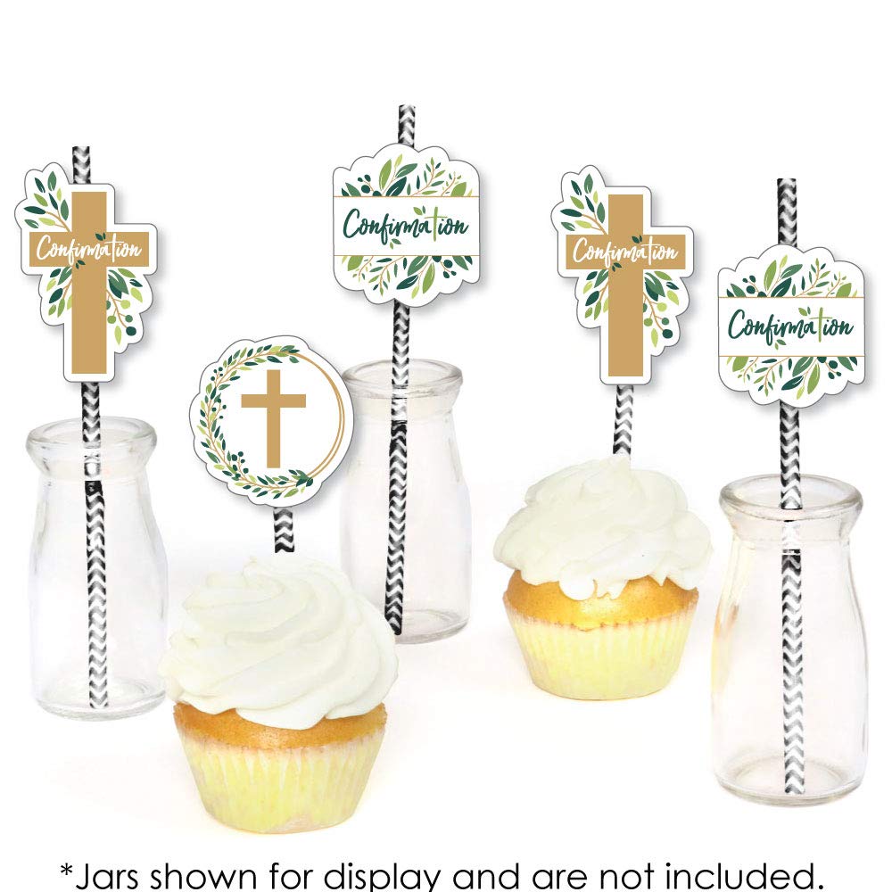 Confirmation Elegant Cross - Paper Straw Decor - Religious Party Striped Decorative Straws - Set of 24