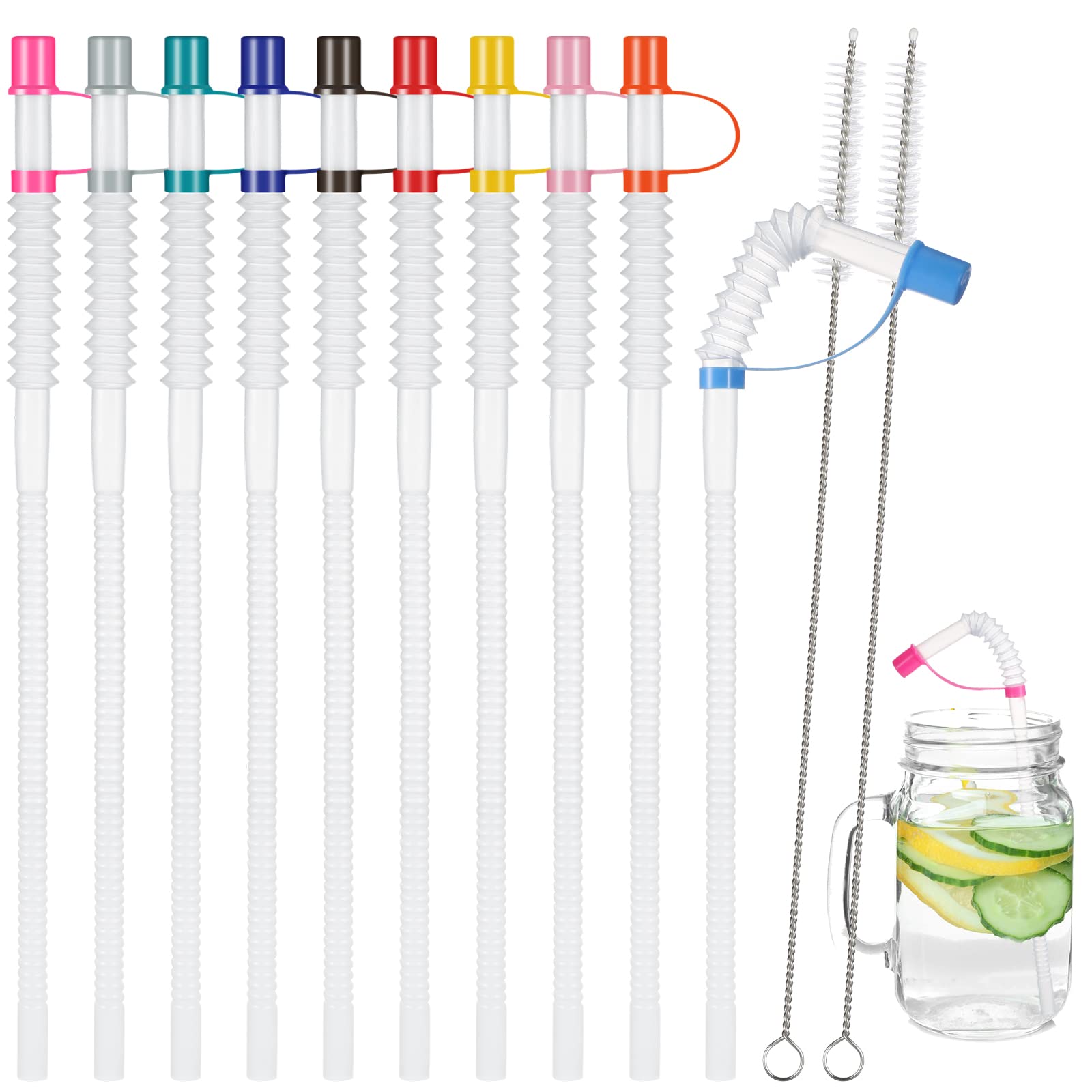 24 Pack 11 Inch Adjustable Straws with Drinking Straw Caps Long Flexible Plastic Bendable Straws Flexible Reusable Straws with 2 Straw Cleaning Brushes for Jumbo Mugs Water Bottle