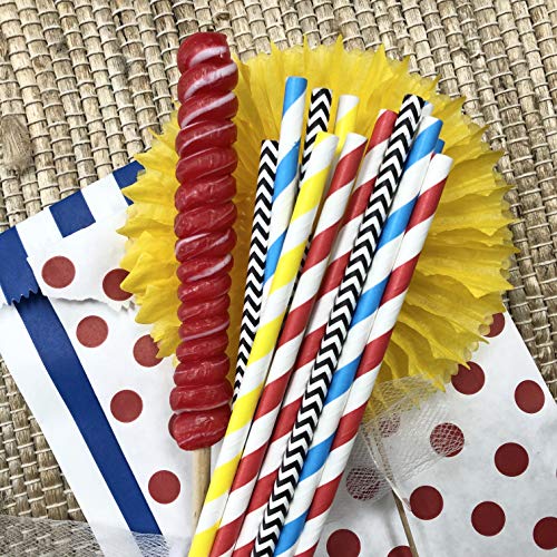 Outside the Box Papers Superhero Theme Chevron and Striped Paper Straws 7.75 Inches 100 Pack Red, Blue, Black, Yellow, White