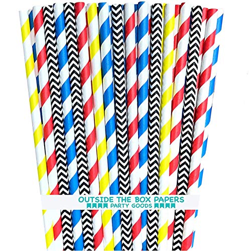 Outside the Box Papers Superhero Theme Chevron and Striped Paper Straws 7.75 Inches 100 Pack Red, Blue, Black, Yellow, White