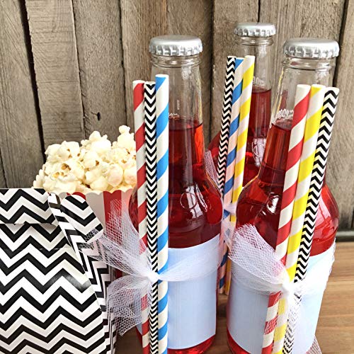 Outside the Box Papers Superhero Theme Chevron and Striped Paper Straws 7.75 Inches 100 Pack Red, Blue, Black, Yellow, White