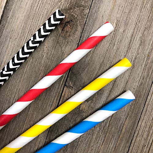 Outside the Box Papers Superhero Theme Chevron and Striped Paper Straws 7.75 Inches 100 Pack Red, Blue, Black, Yellow, White