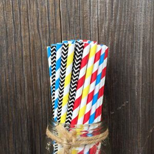 Outside the Box Papers Superhero Theme Chevron and Striped Paper Straws 7.75 Inches 100 Pack Red, Blue, Black, Yellow, White