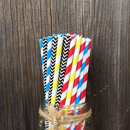 Outside the Box Papers Superhero Theme Chevron and Striped Paper Straws 7.75 Inches 100 Pack Red, Blue, Black, Yellow, White