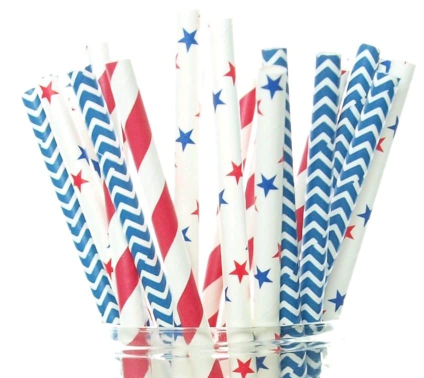 4th of July Straws USA Red, White & Blue Paper Party Straws (25 Pack) - America Patriotic BBQ Supplies