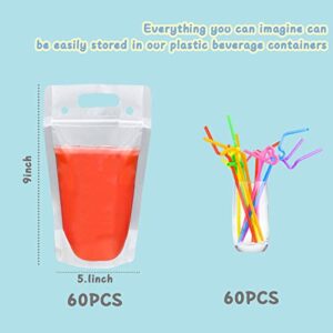 Cenbee Disposable No Leak Drink Container Set ,Hand-Held Party Drink Pouch Bags wine Bag with Straw Duty Translucent Reclosable Smoothie Juice Pouches for Party Adult for Cold & Hot Drinks 60pcs