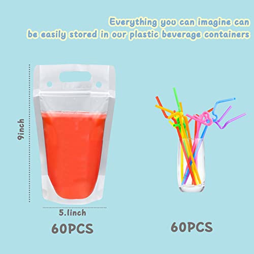 Cenbee Disposable No Leak Drink Container Set ,Hand-Held Party Drink Pouch Bags wine Bag with Straw Duty Translucent Reclosable Smoothie Juice Pouches for Party Adult for Cold & Hot Drinks 60pcs