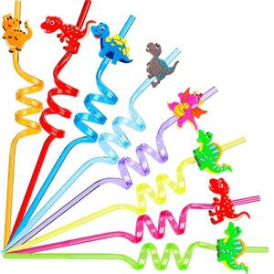 24 pack reusable dinosaur straws,plastic drinking straws dino straws,dinonsaur birthday party supplies,colorful dinosaur plastic straws,dinosaur party favors decorations,8 styles