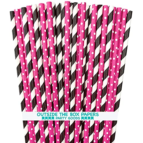 Outside the Box Papers Diva Theme Stripe and Polka Dot Paper Straws 7.75 Inches 100 Pack Hot Pink, Black, White