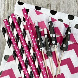 Outside the Box Papers Diva Theme Stripe and Polka Dot Paper Straws 7.75 Inches 100 Pack Hot Pink, Black, White