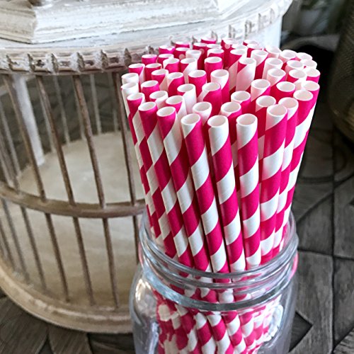 Outside the Box Papers Diva Theme Stripe and Polka Dot Paper Straws 7.75 Inches 100 Pack Hot Pink, Black, White