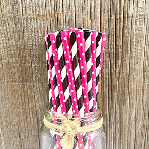 Outside the Box Papers Diva Theme Stripe and Polka Dot Paper Straws 7.75 Inches 100 Pack Hot Pink, Black, White