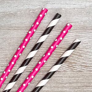 Outside the Box Papers Diva Theme Stripe and Polka Dot Paper Straws 7.75 Inches 100 Pack Hot Pink, Black, White