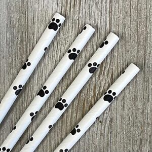 Dog Theme Paw Print Paper Drinking Straws - Black White - 7.75 inches - 50 Pack - Outside The Box Papers Brand