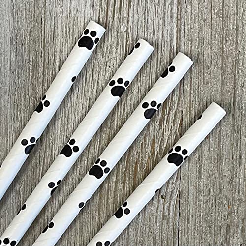 Dog Theme Paw Print Paper Drinking Straws - Black White - 7.75 inches - 50 Pack - Outside The Box Papers Brand