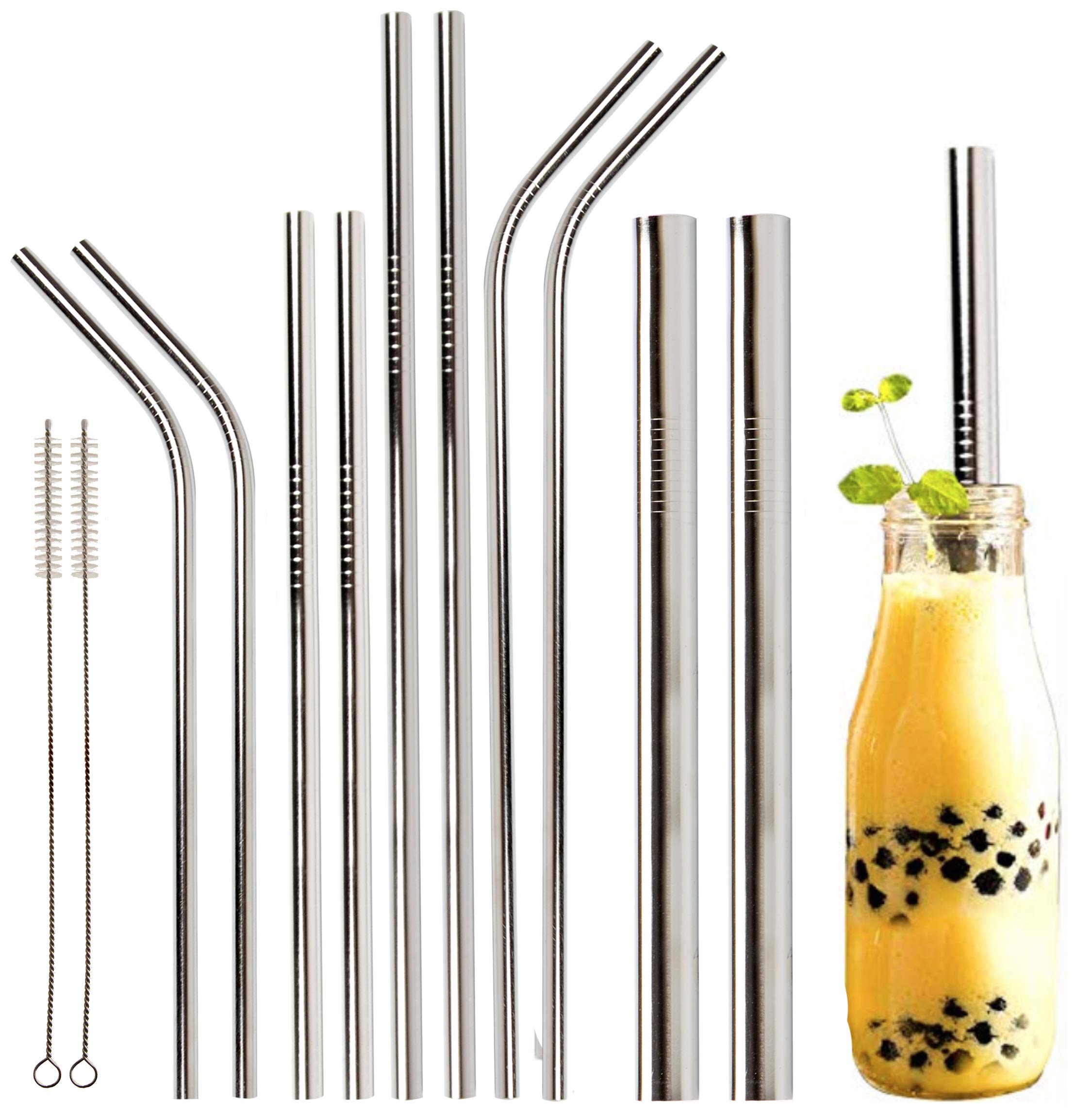 Youngever Reusable Stainless Steel Straws, Metal Straws, with 2 Extra Wide Straws for Smoothie and Bubble Tea, to Go Bag, 20 Ounce and 30 Ounce Tumblers Straws (Silver)