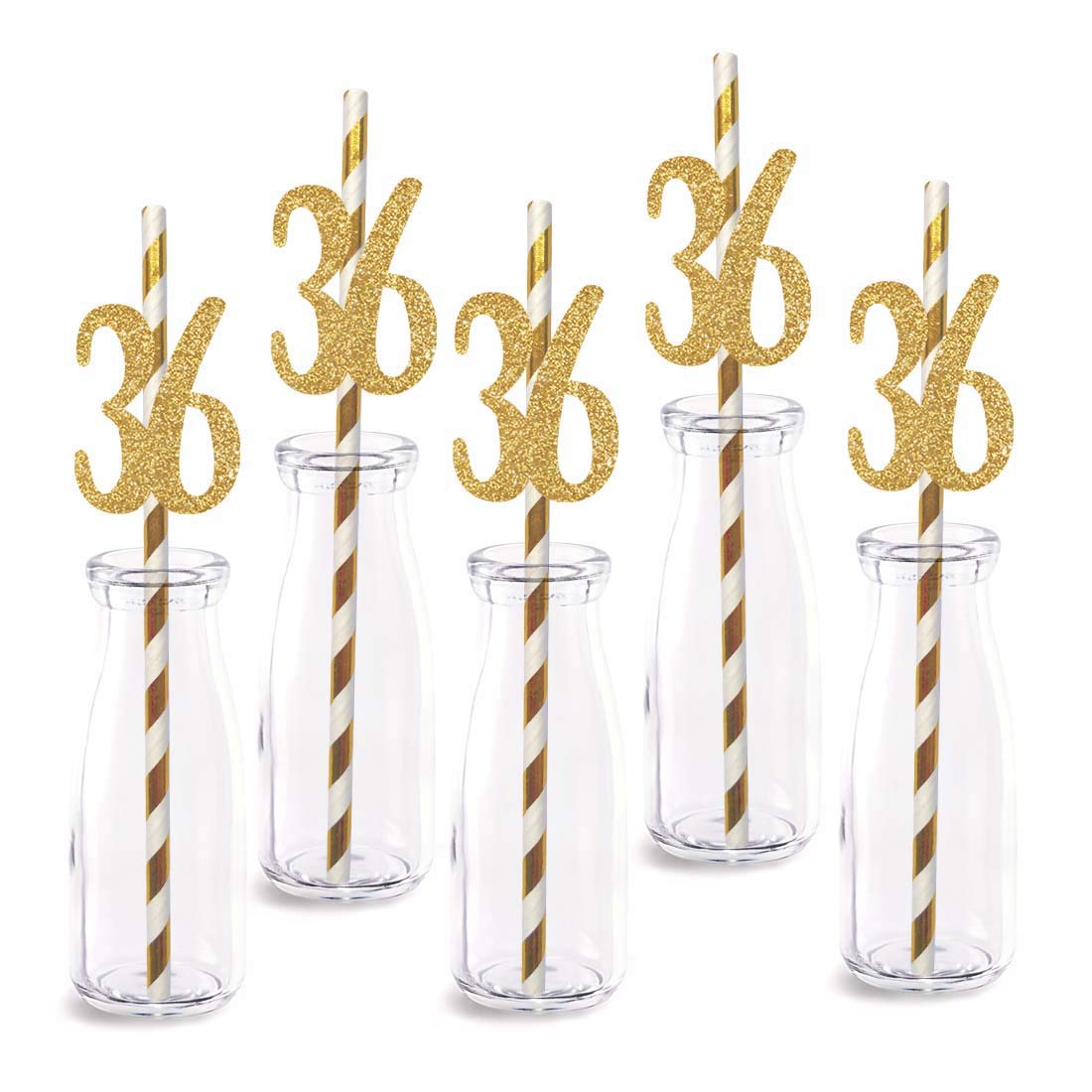 36th Birthday Paper Straw Decor, 24-Pack Real Gold Glitter Cut-Out Numbers Happy 36 Years Party Decorative Straws