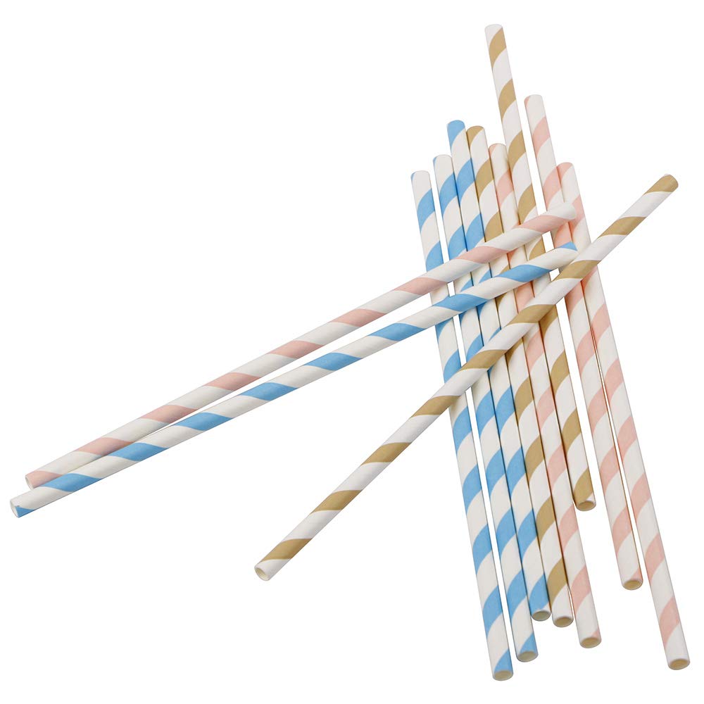 Webake Biodegradable Paper Straws 150 Bulk, Pastel Pink Baby Blue Brown Striped Drinking Straws for Birthday, Boy Girl Baby Shower, Gender Reveal, Wedding Party Suppliers & Decorations