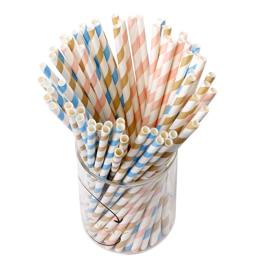 Webake Biodegradable Paper Straws 150 Bulk, Pastel Pink Baby Blue Brown Striped Drinking Straws for Birthday, Boy Girl Baby Shower, Gender Reveal, Wedding Party Suppliers & Decorations