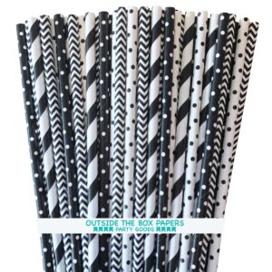 outside the box papers black and white stripe and polka dot paper drinking straws 7.75 inches 100 pack black, white