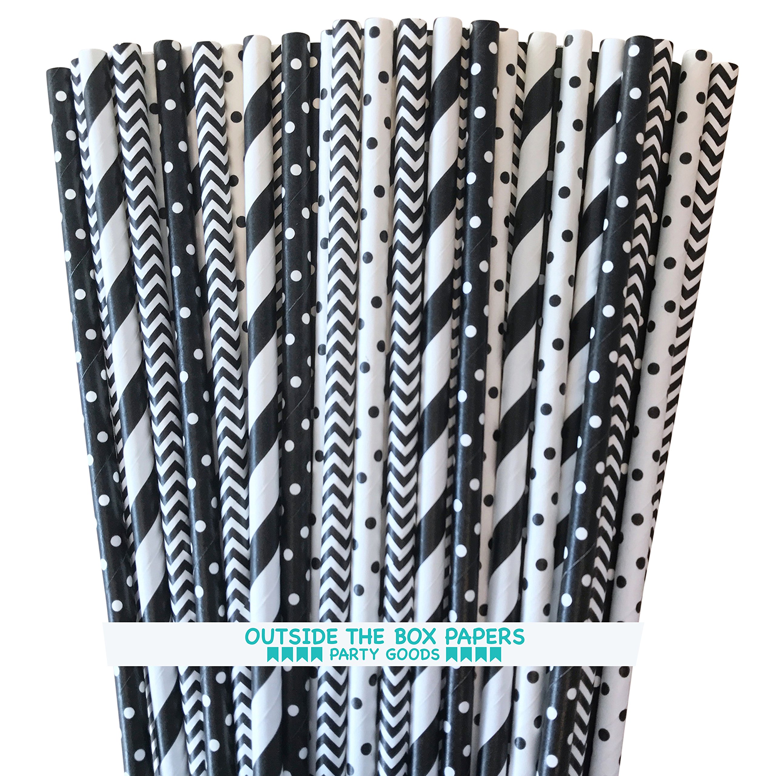 Outside the Box Papers Black and White Stripe and Polka Dot Paper Drinking Straws 7.75 Inches 100 Pack Black, White