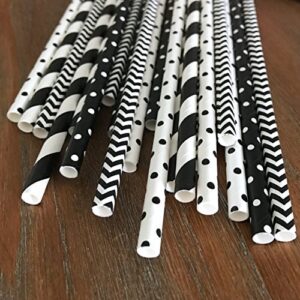 Outside the Box Papers Black and White Stripe and Polka Dot Paper Drinking Straws 7.75 Inches 100 Pack Black, White