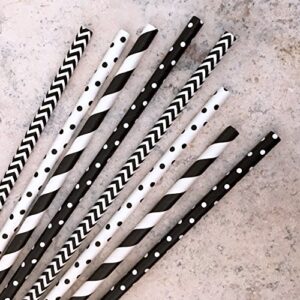 Outside the Box Papers Black and White Stripe and Polka Dot Paper Drinking Straws 7.75 Inches 100 Pack Black, White