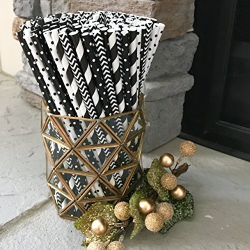 Outside the Box Papers Black and White Stripe and Polka Dot Paper Drinking Straws 7.75 Inches 100 Pack Black, White