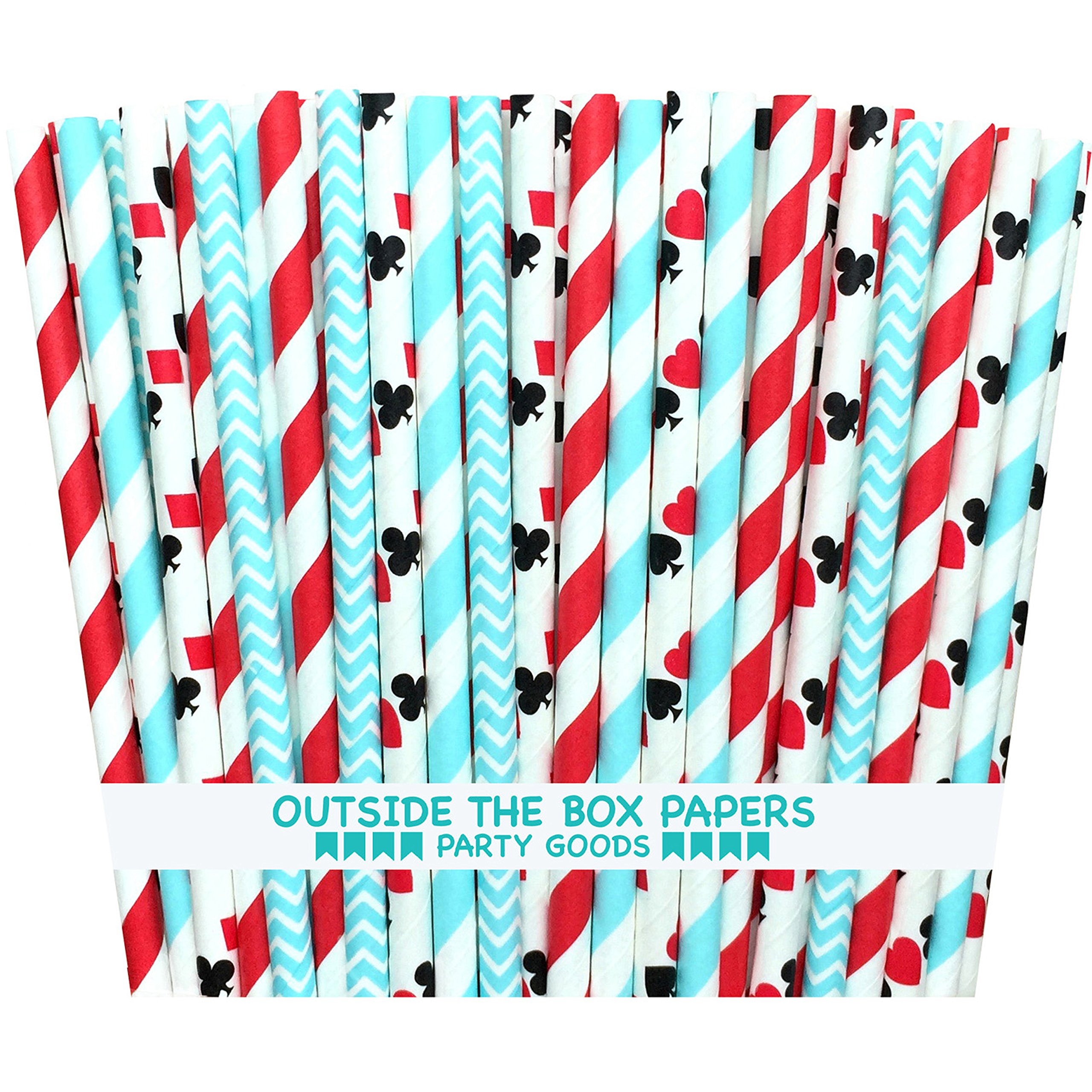 Outside the Box Papers Alice in Wonderland Theme Stripe and Card Design Paper Drinking Straws 7.75 inches 100 Pack Red, White, Light Blue, Black