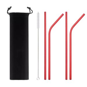 briiec 4pcs reusable red stainless steel straws with carry case, metal straws with clean brush, cute drinking straws, portable for travel camping, kitchen, bar, restaurant, coffee, juice