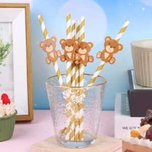 craftshou 120 Pack 7.75 Inches Bear Gold Baby Boy Shower Straws Disposable Baby Shower Paper Straws Cute Striped Drinking Straws for Birthday,Wedding,Celebrations and Party Supplies